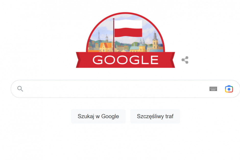 Polska flaga na tle Przemyśla na stronie głównej Google